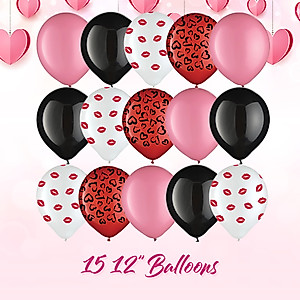 Amscan Lips Hearts Balloon Variety Pack - 15 Count Latex Balloons in Big 12" Size - Pink, Red, Black, White, Lipstick Kiss, Heart Party Decorations for Birthday, Dance, Bachelorette Supplies Set
