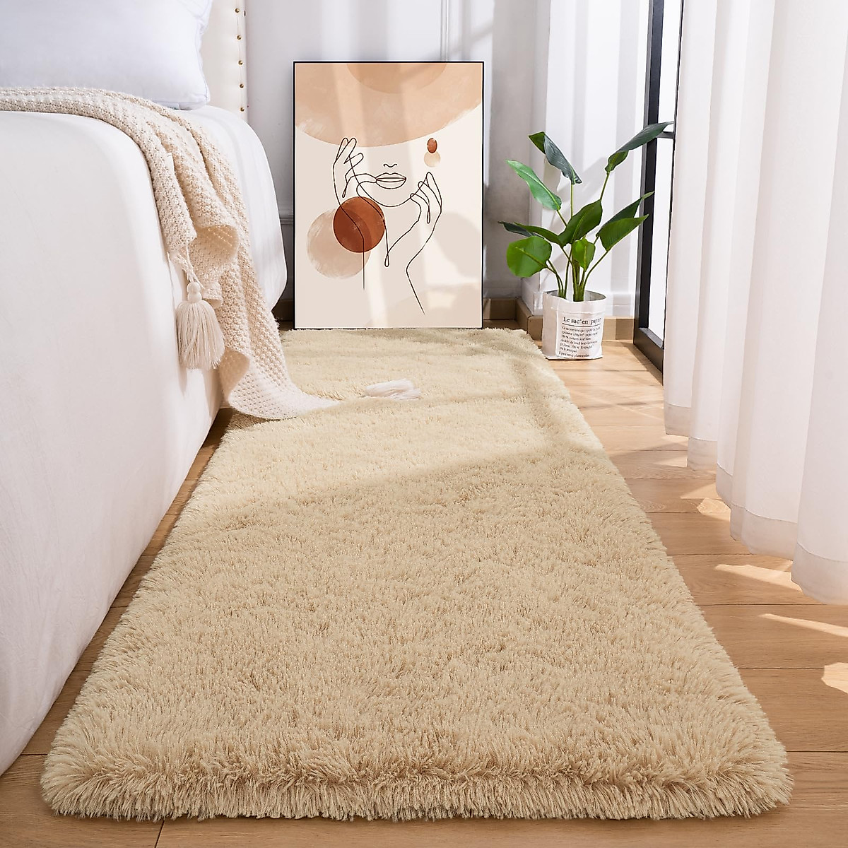 Przemy Fluffy Runner Rug for Bedroom Living Room, 2x6 Feet Beige Shag Area Rugs, Soft Fuzzy Carpet for Bedside Nursery Kids Room College Dorm, Plush Throw Rug for Home Decor