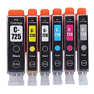 Ink Cartridge, 725 726 Large Page Capacity Fadeless Smoothly Output Printer Cartridge with Ink, for PIXMA IP4870 IP4970 IX6560 Printer (BK BK C M Y GY 6 Colors)