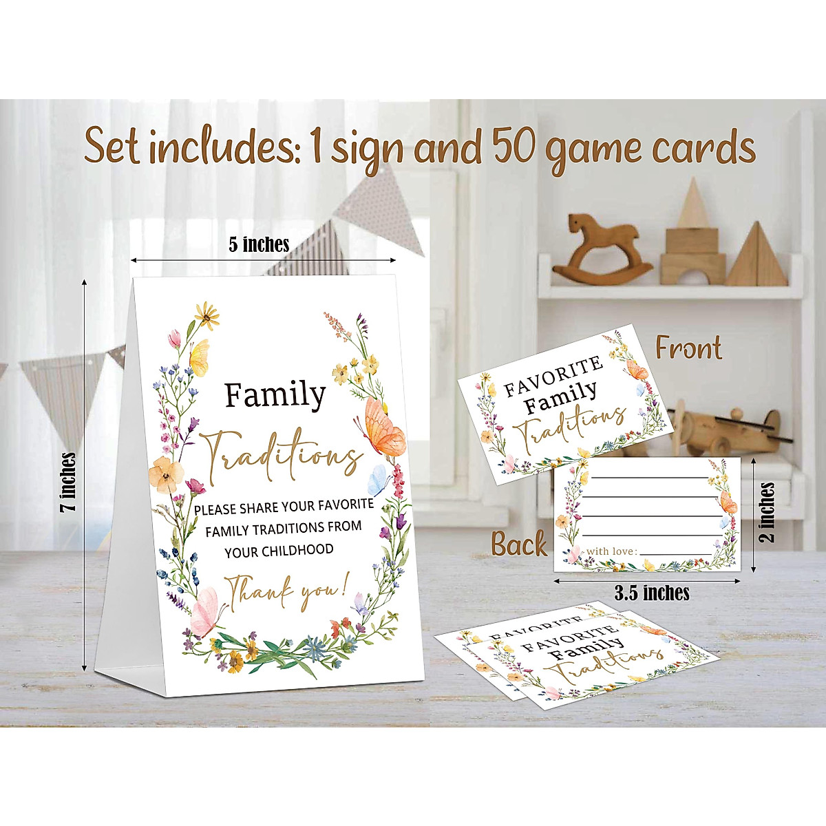 Baby Shower Games Family Traditions Sign, 1 Standing Sign and 50 Cards, Boho Floral Gender Neutral Decoration, Gender Reveal Party, Bridal Shower Favor Supplies-LT26
