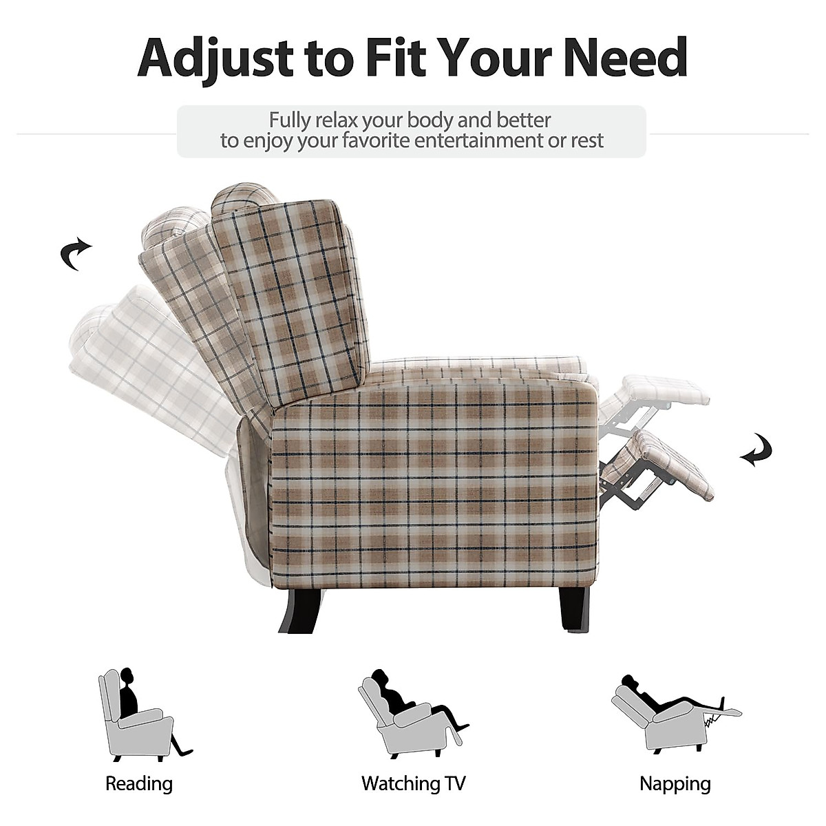 INZOY Push Back Recliner Chair, Pushback Reclining Chair with Padded Seat, Fabric Wingback Recliner for Living Room Home Theater, Plain Plaid