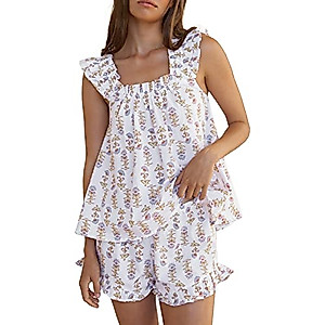 Farktop Womens Floral Print Pajama Sets Ruffle Trim Cami and Casual Shorts 2 Piece Lounge Set PJ Blue