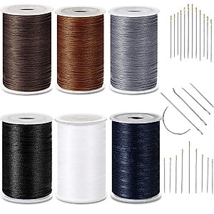 6 Rolls Strong Upholstery Thread High Strength Sewing Waxed Thread with Hand Stitching Needle Set for Denim Leather Craft DIY Machine (White, Black, Light Grey, Dark Blue, Khaki, Coffee, 0.55 mm)