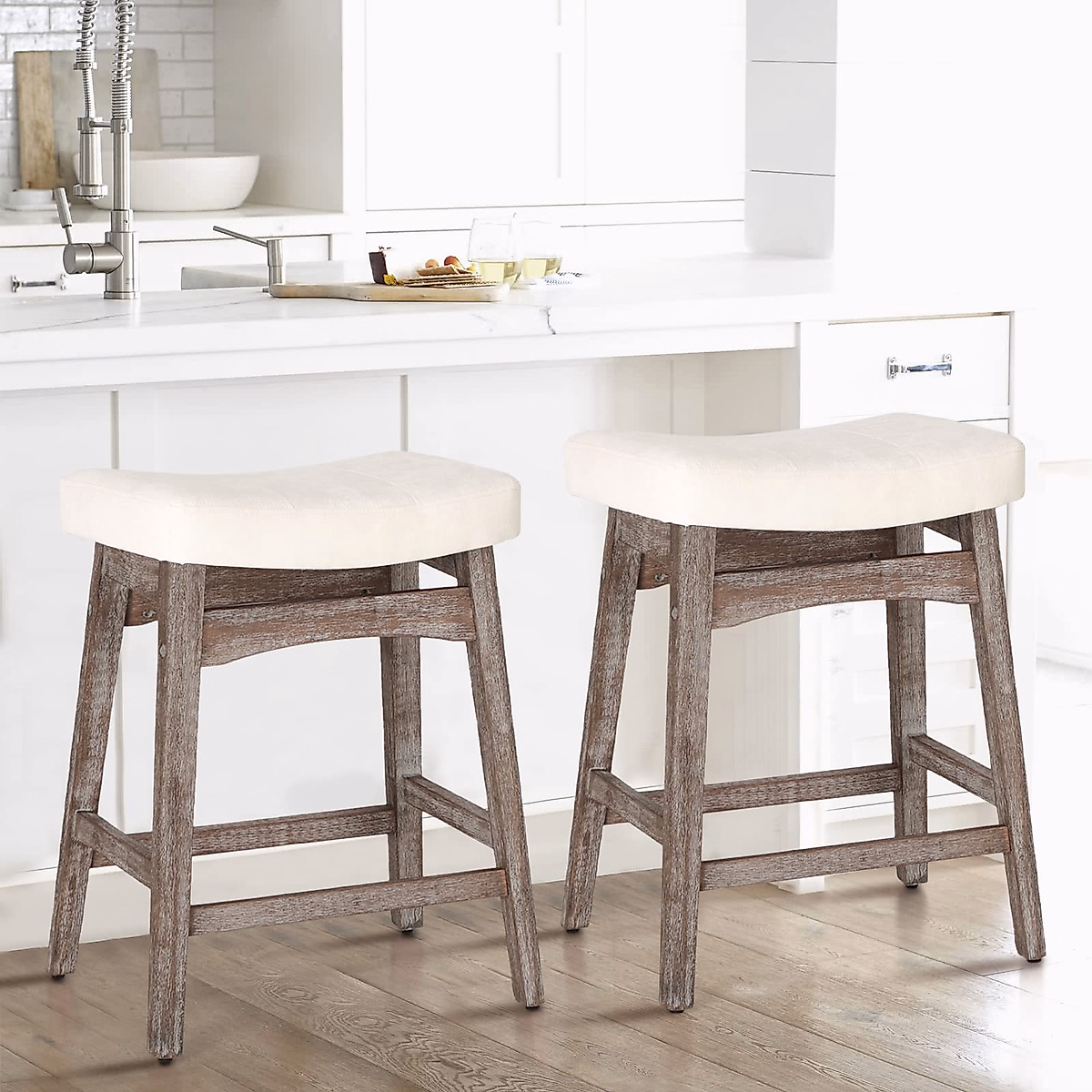 MAISON ARTS Counter Height Bar Stools Set of 2 for Kitchen Counter Solid Wood Legs with Fabric Saddle Seat Farmhouse Barstools for 34"-38" Counter Island Upholstered Stools, 24in, Creamy White
