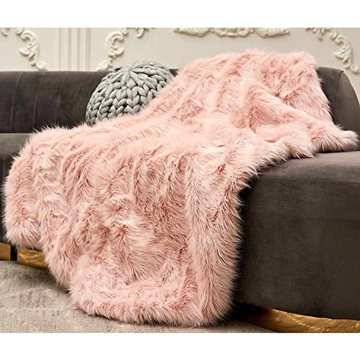Pink Faux Fur Throw Blanket, Luxury Modern Blush Home Throw Blanket, Super Warm, Fuzzy, Elegant, Fluffy Thick Heavy Decoration Blanket Scarf for Sofa, Couch and Bed, 60''x 80''