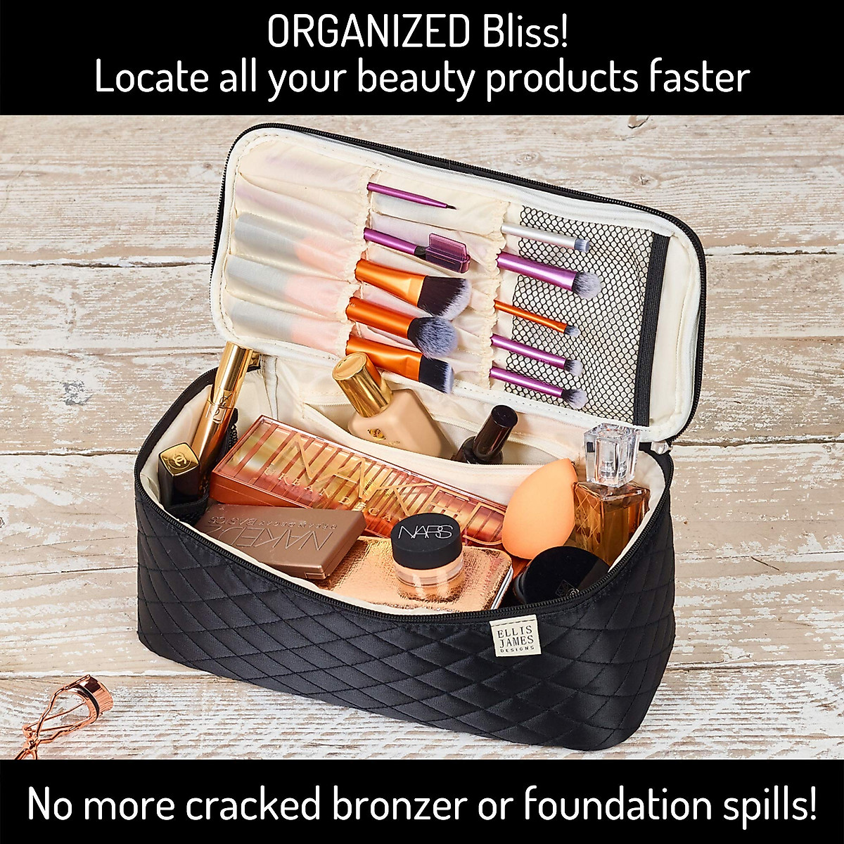 Ellis James Designs Large Travel Makeup Bag Organizer - Cosmetics Train Case Toiletry Bags for Women - Black - With Handle & Make Up Brush Holders - Professional Hair Dryer Cases & Beauty Storage
