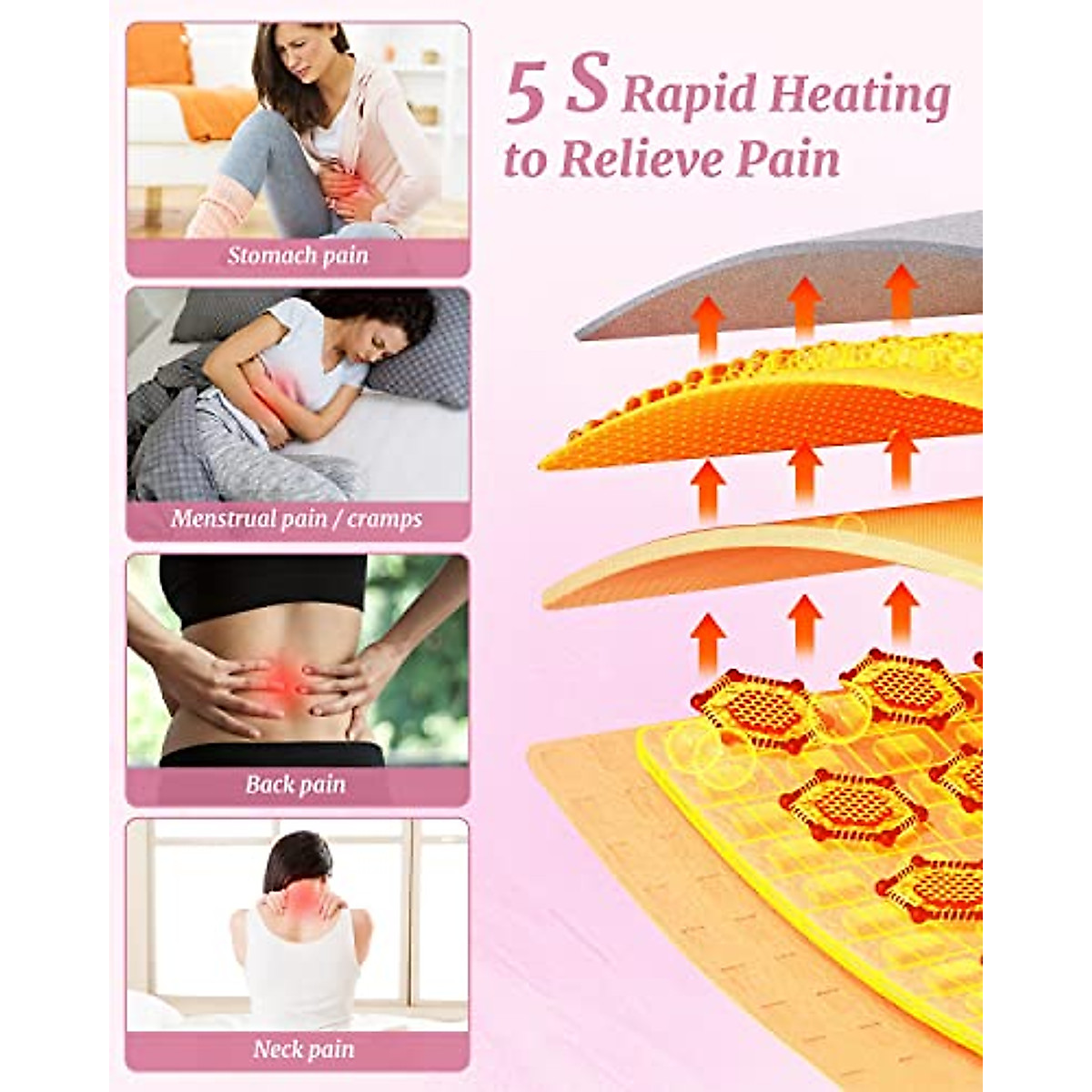 Portable Cordless Heating Pad for Cramps, Upgrade Electric Period Fast Heating Pad with Massager Menstrual USB Heating Pad for Back Pain Relief Belt 5 Heat 5 Vibrating Modes Gifts for Women Girls Pink