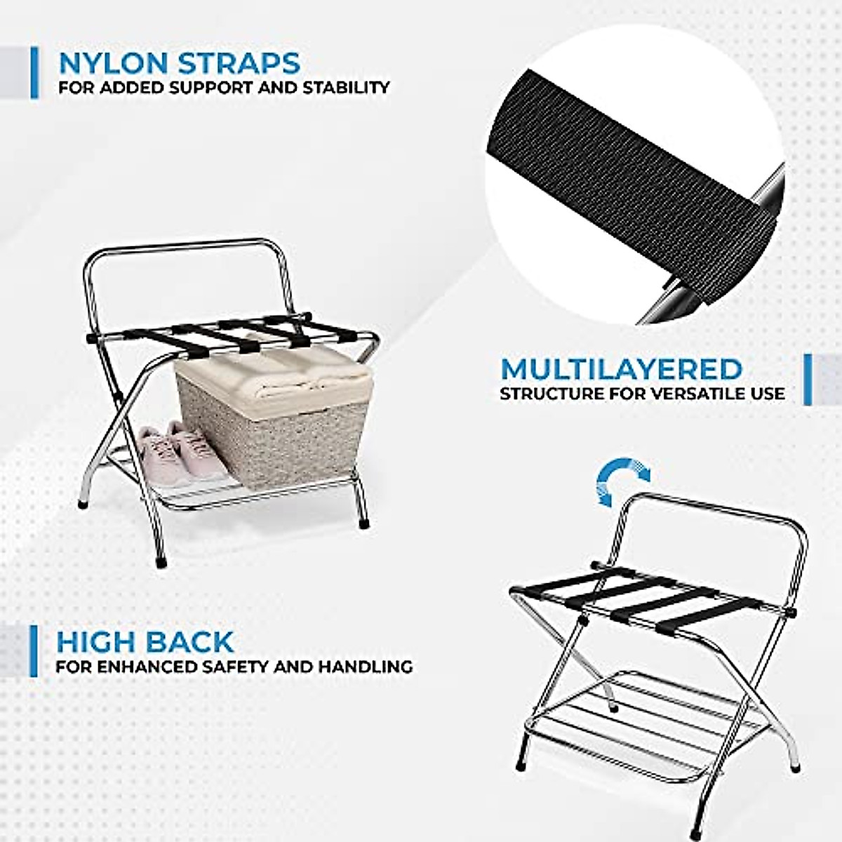 USTECH Luggage Rack 2 Shelf X-Shape DIY with Nylon Straps and High Back Support | Durable Suitcase Rack for Guest Room, Bedroom, Entryway | Heavy Duty, Foldable Luggage Rack Stand for Suitcases