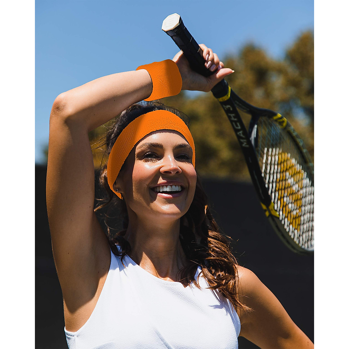 Suddora Sweatbands Set, Moisture Wicking 2 Wristbands and 1 Headband, Breathable Terry Cloth Athletic Bands for Basketball, Tennis, Yoga, Gym, Sweat Bands for Costumes and Cosplay, Neon Orange