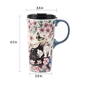 TZSSP Coffee Ceramic Mug Travel Mug Porcelain Latte Tea Cup With Lid 17oz. Flower and Cat