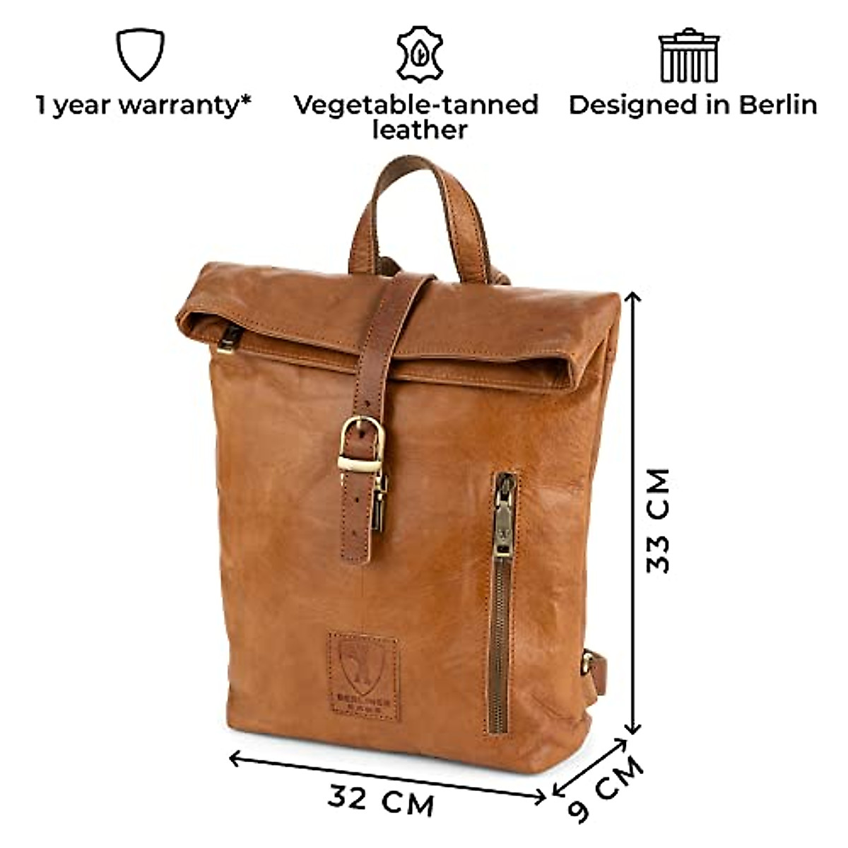 BERLINER BAGS Vintage Leather Backpack Seattle, Women’s Rucksack for Work, School, Cycling - Brown
