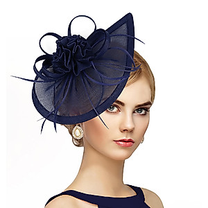 dressfan Fascinator Hat Headpiece Womens Vintage Wedding Headband Derby Hat,20s 50s Mesh Feather Flower Hair Clips Headwear for Kentucky Derby/Wedding/Cocktail/Tea Party,Navy Blue