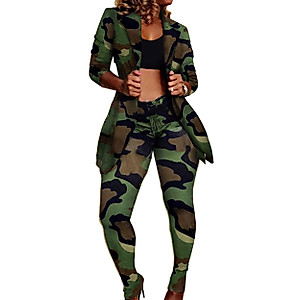 2 Piece Outfits for Women Camouflage Print Long Sleeve Blazer and Skinny Long Pants Set Clubwear