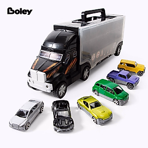 Boley Die Cast Car Truck Carrier - 14 Piece Toy Trucks, Cars, and Traffic Signs Playset for Kids and Toddler Boys and Girls Ages 3 and Up