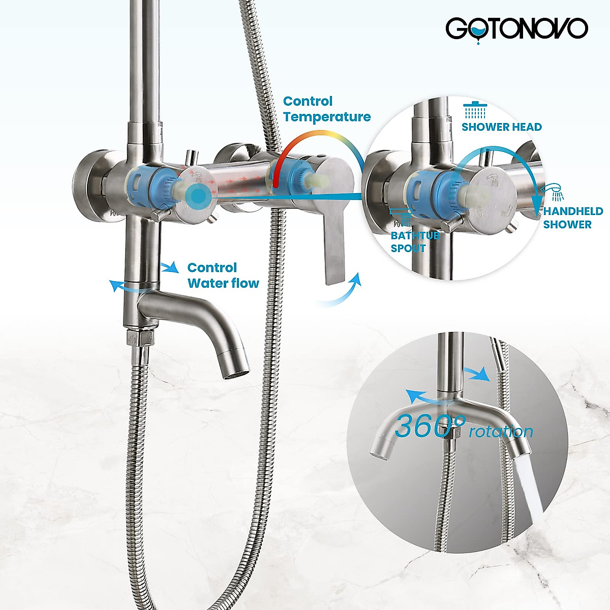 gotonovo Stainless Steel SUS304 Shower Faucet 8 Inch Rainfall Shower Head Cylinder Handle Brushed Nickel Exposed Shower Fixture Wall Mount Shower System With Hand Spray