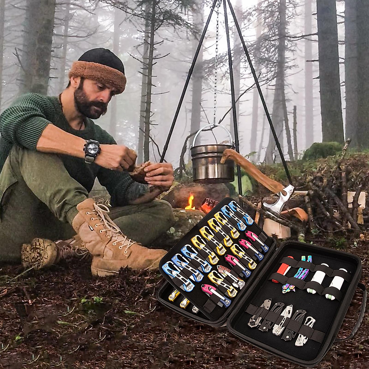 QEES Knife Display Case,62 Slots Knife Case,Knife Storage,Butterfly Knives Storage Organizer,Pocket Knives Collection Protector Butterfly Knives Case For Survival Tactical Outdoor EDC Mini Knife