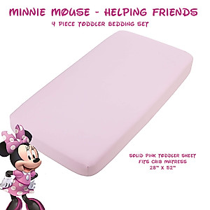 Disney Minnie Mouse Helping Friends 4 Piece Toddler Bedding set - Fitted Sheet, Pillow Case, Top Sheet, and Comforter Quilt - Pink