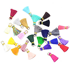 Makhry 50pc 0.8''(2cm) Mini Soft Handmade Silky Floss Tassel with Gold Gold Jump Ring for Woman Earrings, Jewelry Making, Souvenir, DIY Craft Accessory (50, Random)