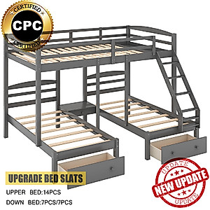 Harper & Bright Designs Triple Bunk Beds with Drawers and Guardrails,Full Over Twin & Twin Bunk Bed with Storage, Wooden Triple Bunk for Kids, Teens,Girls Boys (Gray with Drawers)