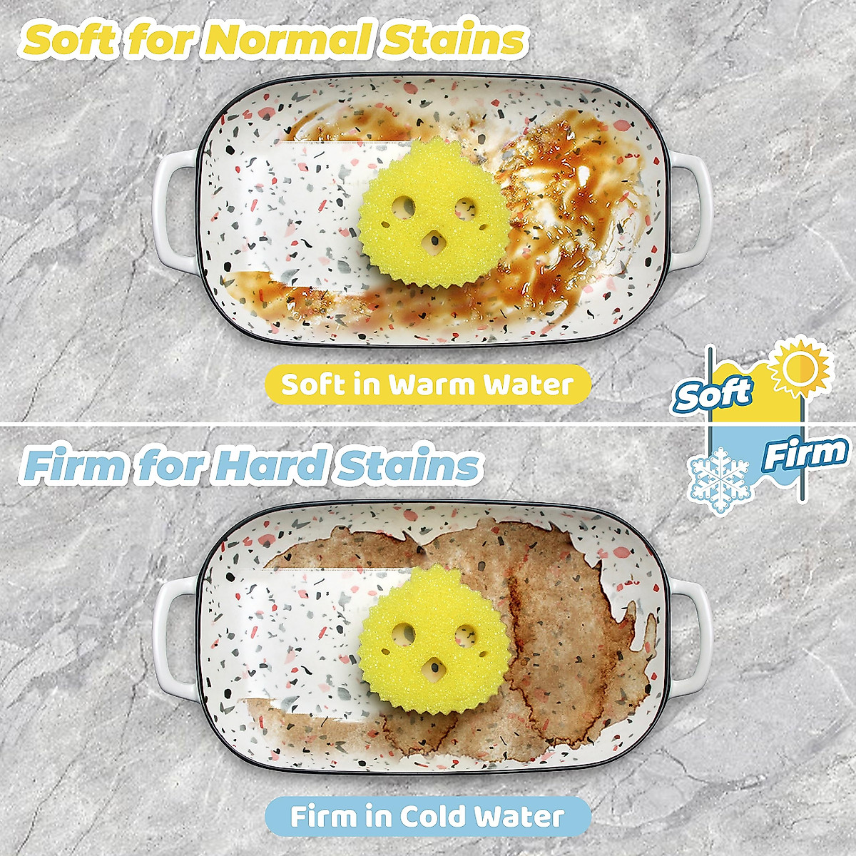 Scrub Family Functional Sponge Scrubber Set - Daddy Mommy Daily Scrub Sponge, Smiley Happy Face, Firm in Cold and Soft in Warm, Scratch Free, No Odor, 2 Animal Patterns (2ct)