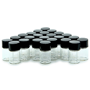 Vivaplex, 24, Clear, 1 ml (1/4 Dram) Glass Bottles, with Orifice Reducers and Black Caps