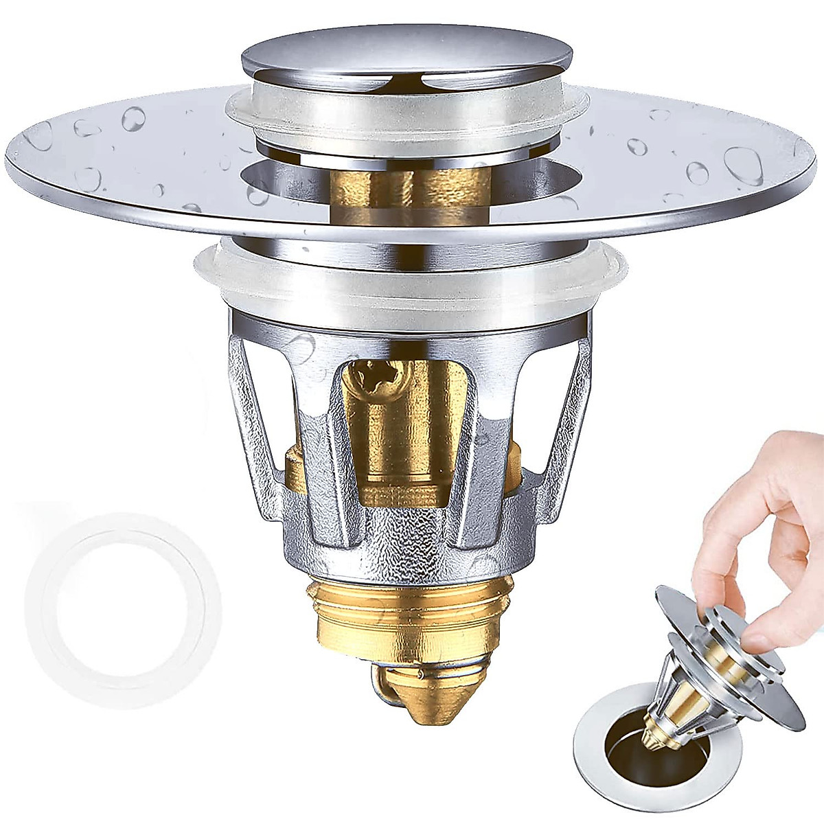 𝐁𝐚𝐭𝐡𝐫𝐨𝐨𝐦 𝐒𝐢𝐧𝐤 𝐒𝐭𝐨𝐩𝐩𝐞𝐫 Pop Up, Universal Spring Core 1.1~1.5” Drain Holes, Washbasin Water Head Leaking Stopper, Stainless Steel Bounce Core Push-Type Converter, Silver