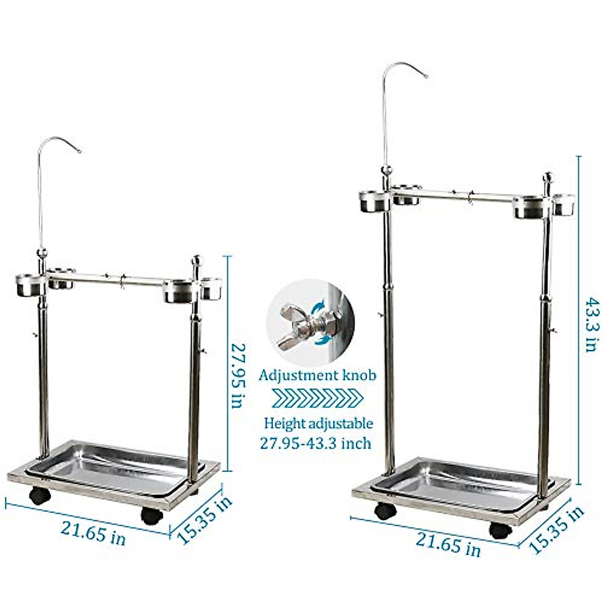 Ozzptuu Metal Bird Feeder Stand Adjustable Height Rolling Bird Perch Play Stand Parrot Playstand with Universal Wheels and Feeding Bowls