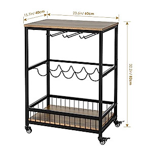 HITHOS Industrial Bar Carts for The Home, Mobile Bar Serving Cart, Wine Cart on Wheels, Beverage Cart with Wine Rack and Glass Holder, Rolling Drink Trolley for Living Room, Kitchen, Rustic Brown