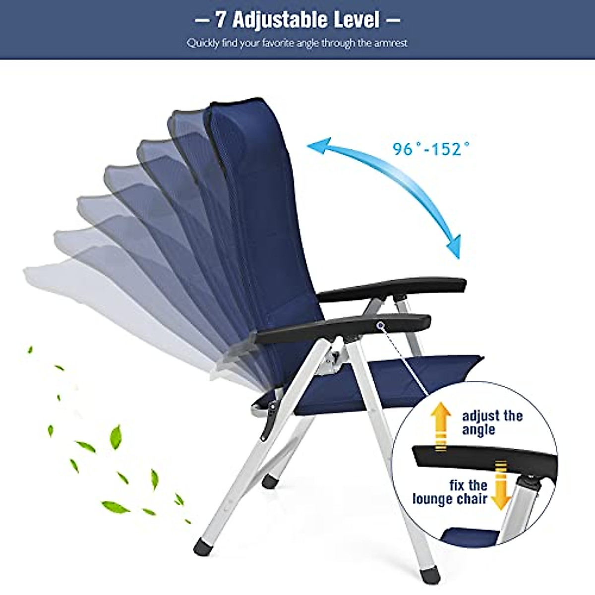 Giantex Set of 2 Patio Chairs, Folding Outdoor Chairs, High Back Recliner with Headrest and Armrests 7 Levels Adjustable Camping Chairs Safe Lock Lawn Chairs Porch Balcony Furniture, Blue