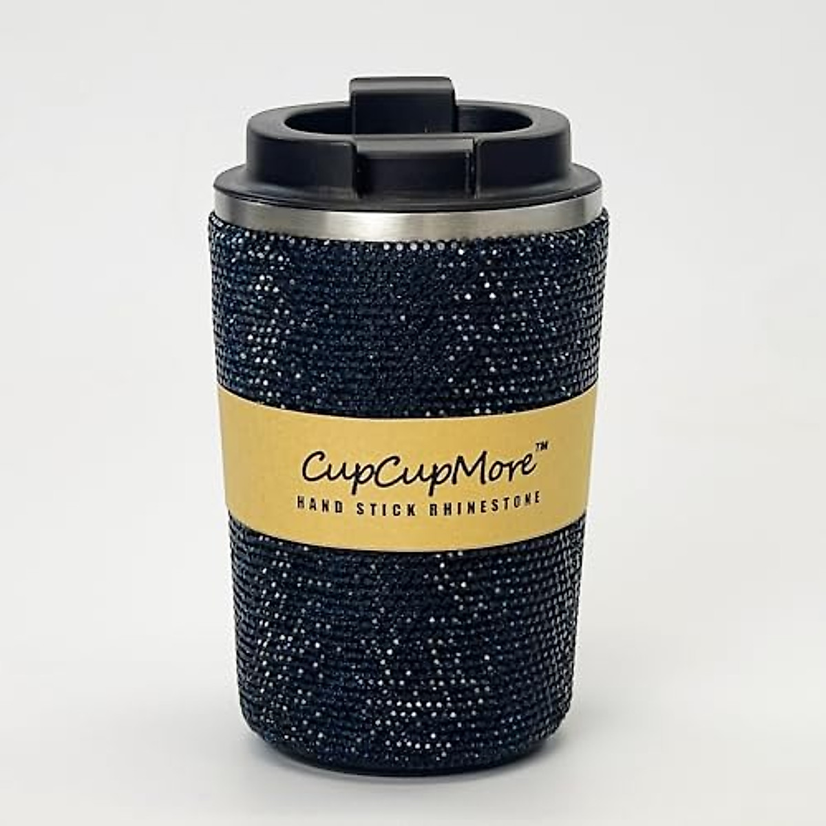 Cupcupmore 12 oz Bling Dark Blue Rhinestone Stainless Steel Coffee Tumbler,Shiny Travel Insulated Coffee Mug with Lid, Reusable Spill Proof Coffee Cup,Portable Thermal Mug for Hot and Cold