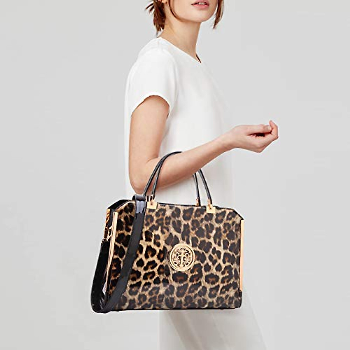 Dasein Women Large Handbag Purse Vegan Leather Satchel Work Bag Shoulder Tote with Matching Wallet (Leopard)