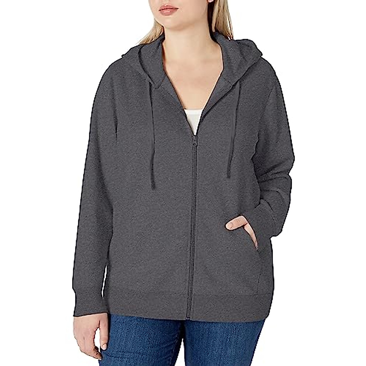 Amazon Essentials Women's French Terry Fleece Full-Zip Hoodie (Available in Plus Size), Dark Grey Heather, Large