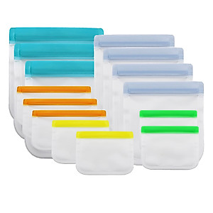 ZOHOJOV14 Food Storage Bags,BPA FREE Freezer Bags,reusable zip lock bags,Extra Thick Leak-proof Silicone Bags,for Marinate Meats, grains,sandwiches, family organizations, travel items（5 colors，4 sizes