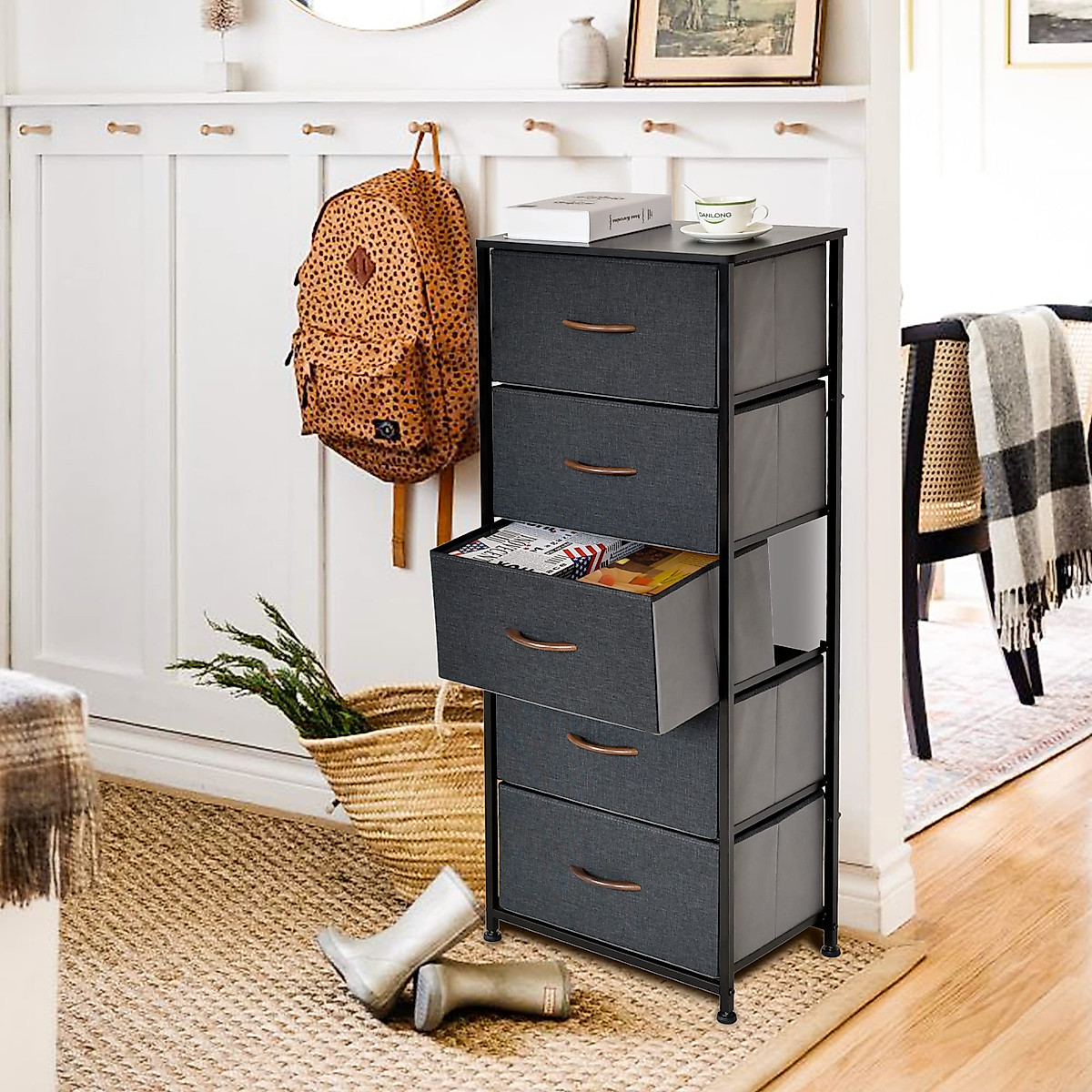 DHMAKER Fabric Dresser for Bedroom, Vertical Dresser with 5 Drawers, Storage Tower with Fabric Organizer, Tall Dresser, Dresser & Chests of Drawers for Closet, Nursery Hallway, Dark Indigo