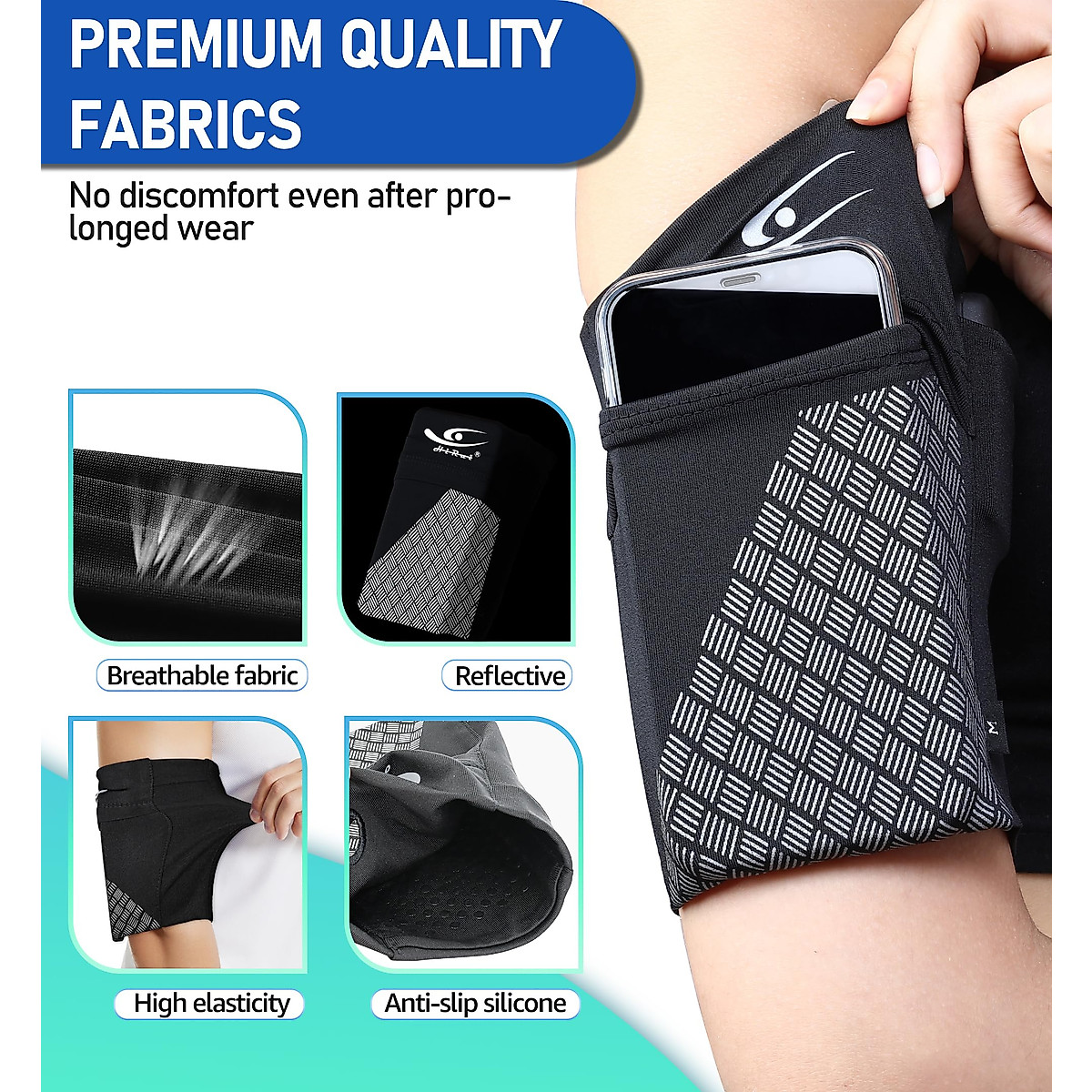 HiRui Universal Sports Armband Cell Phone Armband Sleeves Running Armband for Exercise Workout, Compatible with iPhone 15/15Plus/Pro iPhone 14/13/12 Samsung Galaxy All Phones (Medium, Black)