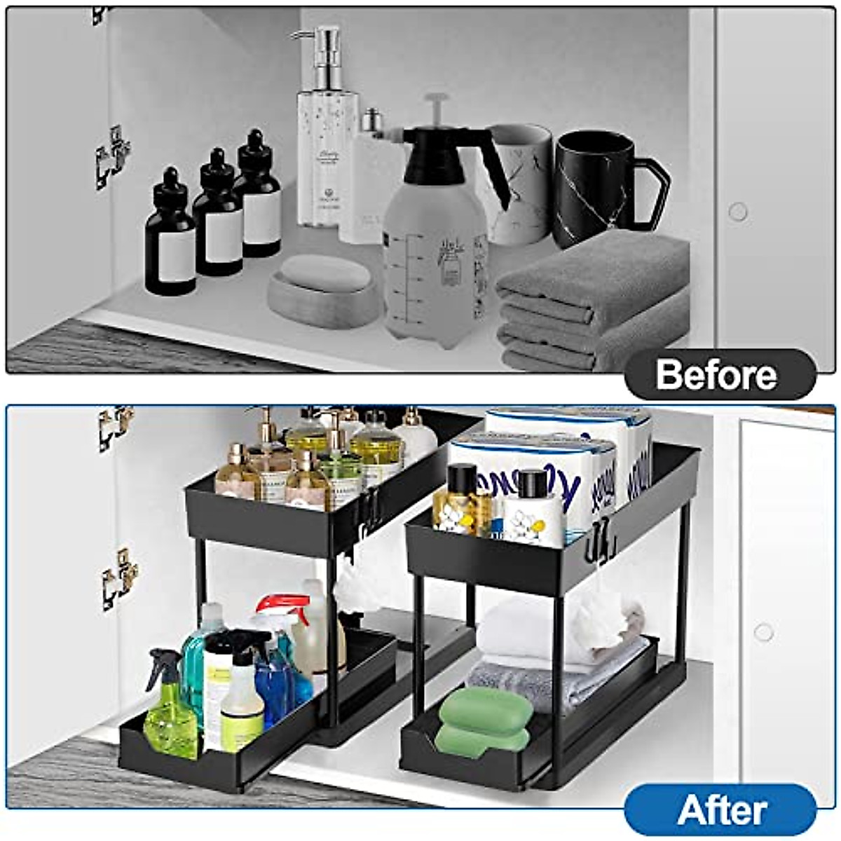 Sifxouped Under Sink Organizers and Storage, Two Tier Pull Out Cabinet Organizer with Hooks, 2 Pcs Under Sink Cabinet Basket with Sliding Drawers, Kitchen Bathroom, Black