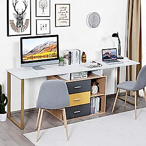 Tangkula 87 inch 2-Person Desk with 3 Storage Drawers & Shelves, Large Computer Desk, Multifunctional L-Shaped Desk Writing Desk Computer Workstation with Spacious Desktop, Home Office Desk