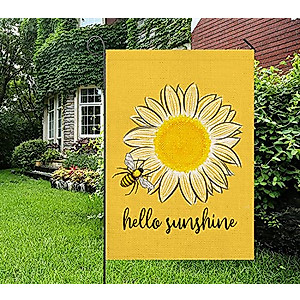 Yameeta Hello Sunshine Yellow House Flag 28x40 Inch Spring Summer Sunflower Bee Vertical Double Sided Burlap Large Outdoor Flags for Garden Yard Lawn Home Seasonal Quotes Holiday Farmhouse Decoration