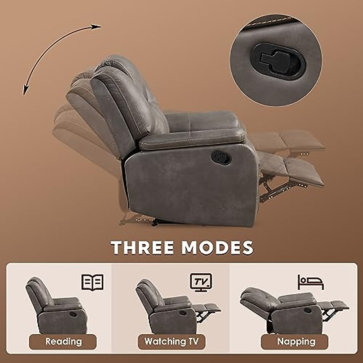 ANJ Manual Recliner Chair with Padded Headrest and Armrest, Overstuffed Reclining Chairs Comfy Faux Leather Recliners Single Sofa for Living Room