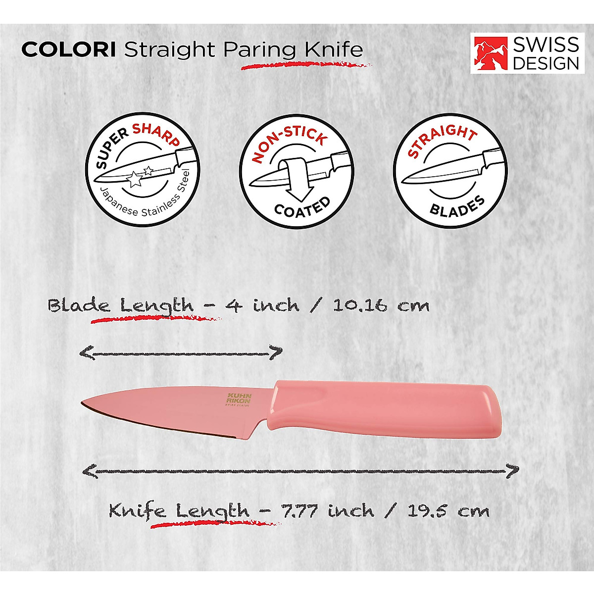 Kuhn Rikon Colori Non-Stick Straight Paring Knife with Safety Sheath, 4 inch/10.16 cm Blade, Bubble Gum