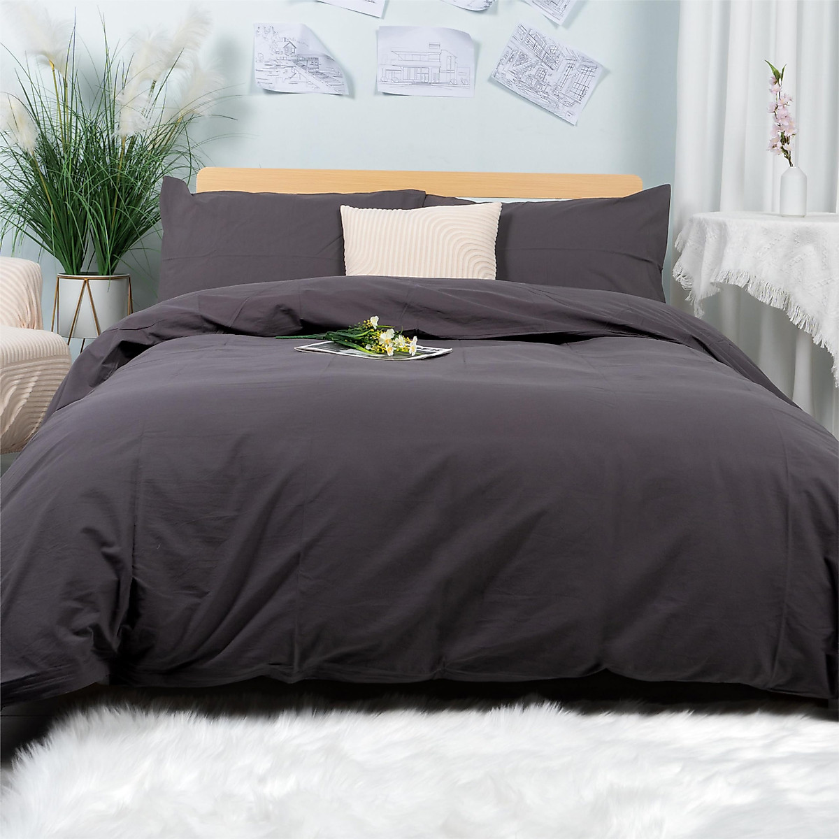 Wonlynn Black Duvet Cover Queen Size, 100% Washed Cotton Linen Feel Super Soft Comfortable, Durable and Easy Care, Simple Style Farmhouse Bedding Set for All Season