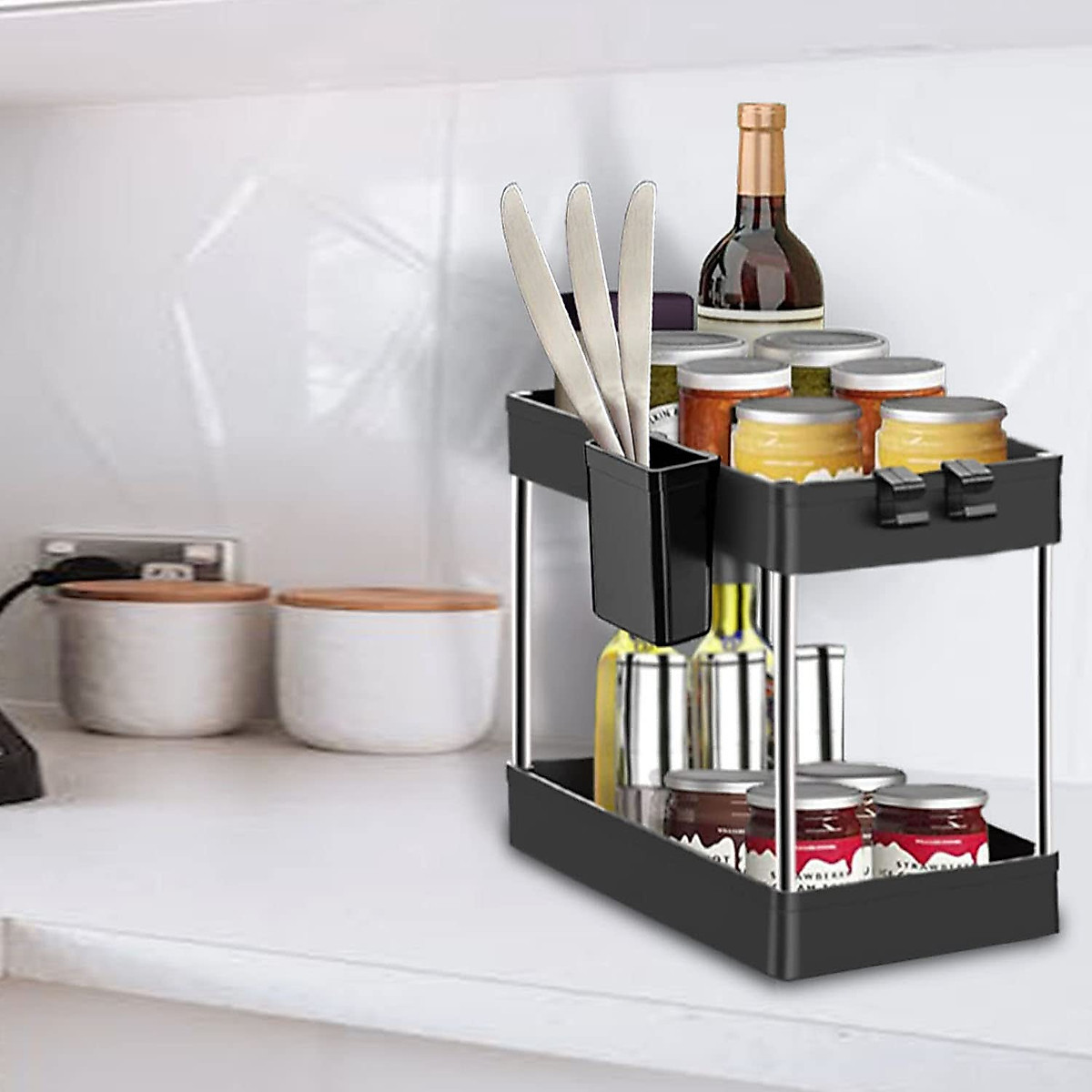 WAYLHECT 2 Tier Under Sink Organizer,Under Bathroom Sink Organizer,Under Kitchen,Bathroom Cabinet Organizers and Storage, 2 Pack Under Bathroom Sink Organizers Basket，with Hooks，Hanging Cups