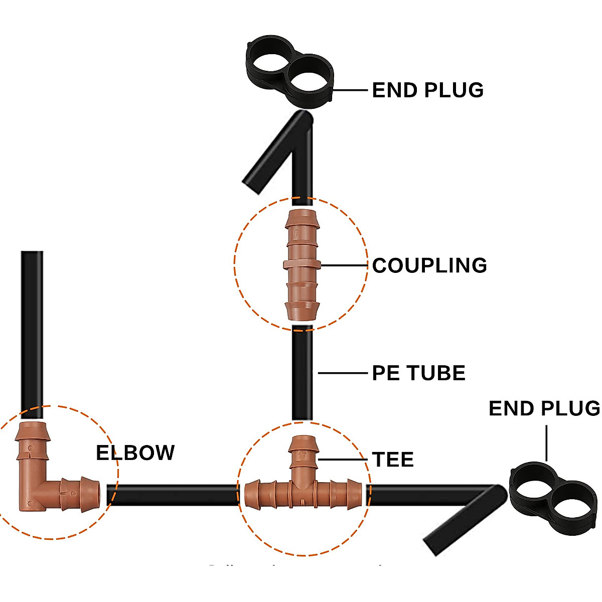 iMopo Irrigation Fittings Kit for 1/2"(.600" ID) Tubing,20 Pieces Set-8 Couplings, 6 Tees,6 Elbows - Barbed Connectors for Drip or Sprinkler Systems