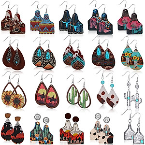 20 Pairs Western Earrings Jewelry for Women Cowgirl Cowboy Boho Vintage Handmade Cow Print Leather Wood Turquoise Teardrop Dangle Earrings Bulk Bohemian (Classic Style)