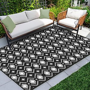 ROMROL Outdoor Rug, 5x8ft Outdoor Plastic Straw Rug, Reversible Outdoor Mats, Area Rug Decor, Waterproof, Portable, Camping Mat and Rug for Indoor, Outdoors, RV, Patio, Outside, Black and White