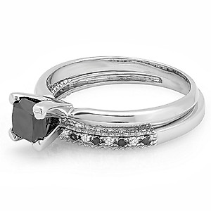 Dazzlingrock Collection 1.50 Carat Princess, Round Black & White Diamond Wedding Ring Set in 10K Solid White Gold Size 7
