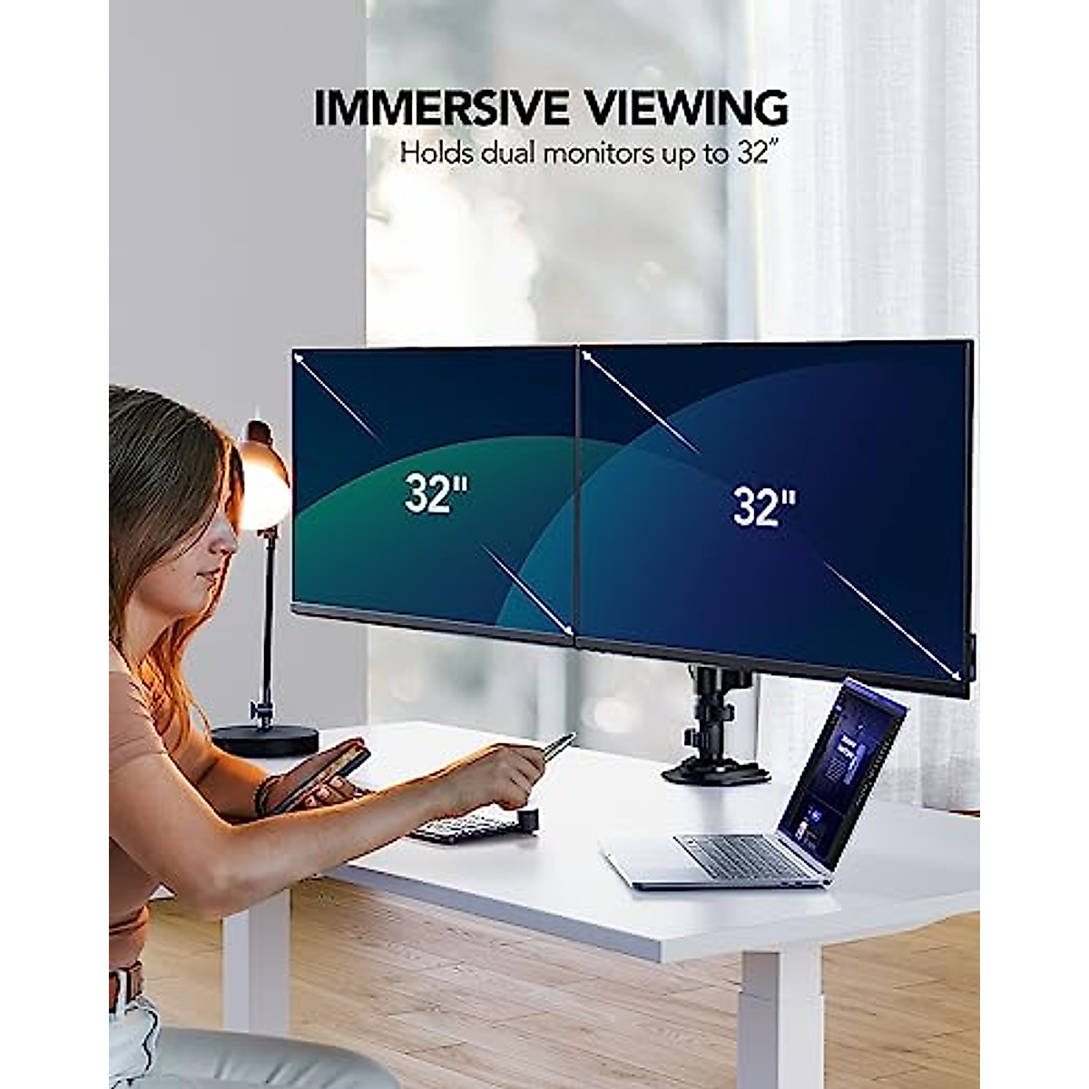 HUANUO 13-32 Inch Dual Monitor Stand, Gas Spring Dual Monitor Mount, Monitor Stand 2 Monitors, Ergonomic Adjustable Tilt/Swivel/Rotate, Weight Max 20 lbs, VESA 75/100mm