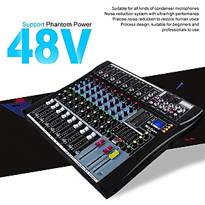 DJ Console Mixer Micfuns 8 Channel with Sound Board USB Bluetooth Audio Interface 48V Phantom Power Mixer Use for DJ Studio PC Recording Singing Webcast Party