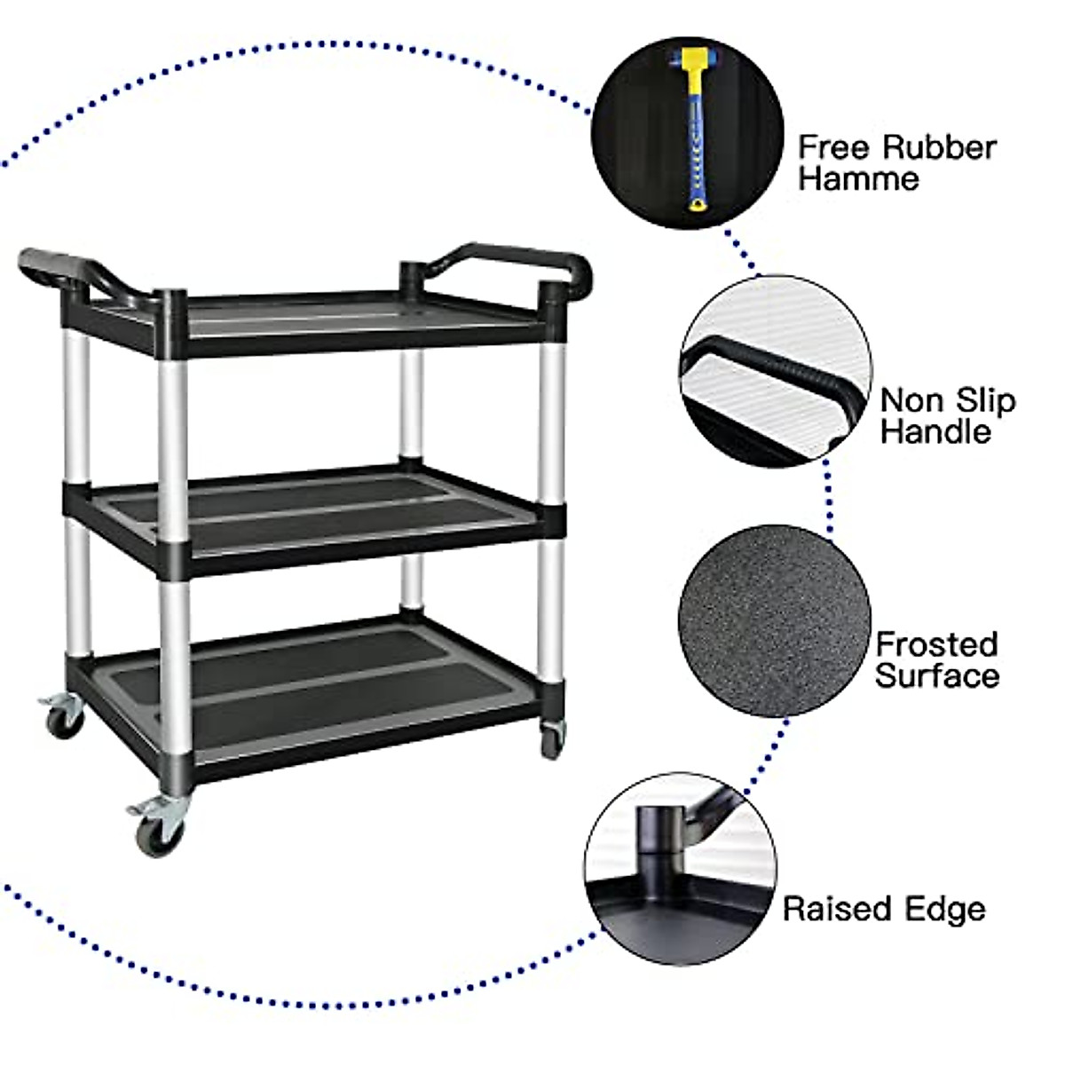 MAYNIYJK Plastic Utility Carts with Wheels, 3-Tier Restaurant Cart, Heavy Duty Rolling Cart Food Service Cart 420LBS, Bus Cart with Lockable Wheels and Rubber Hammer for Warehouse/Kitchen, Black