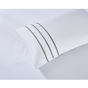 MengBoo Karen 3 Pieces White Duvet Cover Set Without Filling Grey Stripe Trim 100% Egyptian Cotton 300 Thread Count Soft Sateen Hotel Collection Zipper Closure Corner Ties (White Grey, Queen)…